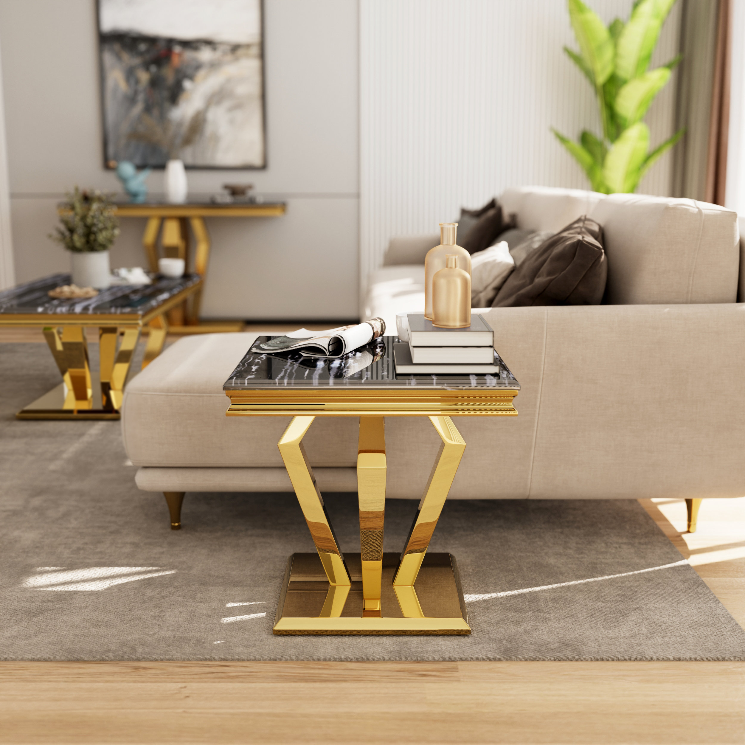 ANEWSUN Black And Gold End Table Set With Geometric Base Set Of 2 | Wayfair