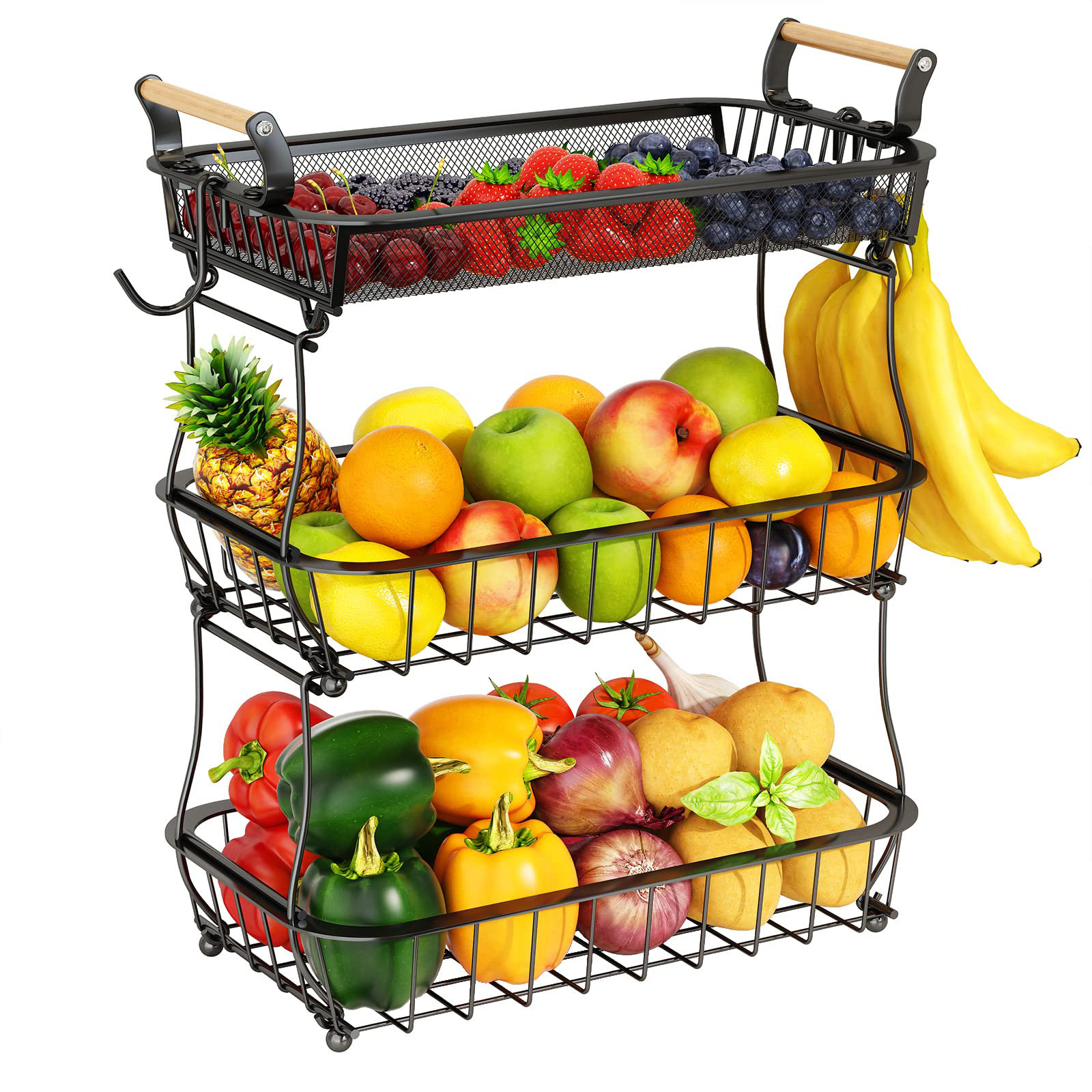 Prep & Savour 3 Tier Fruit Basket Bowl With 2 Banana Hangers For ...