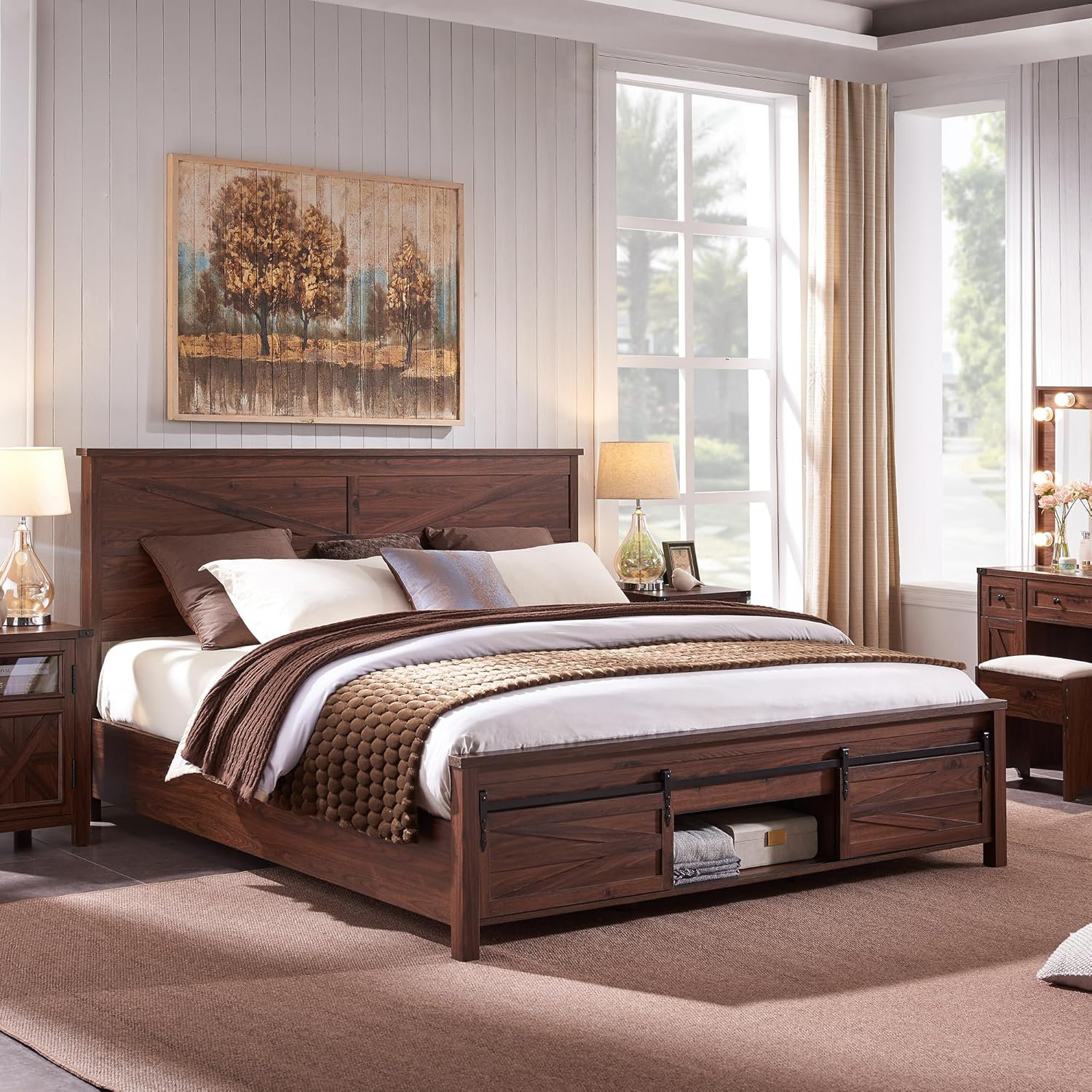 Argana Farmhouse Wood Bed Frame with Headboard and Sliding Barn Door Storage Cabinets Gracie Oaks Color Brown Size Queen