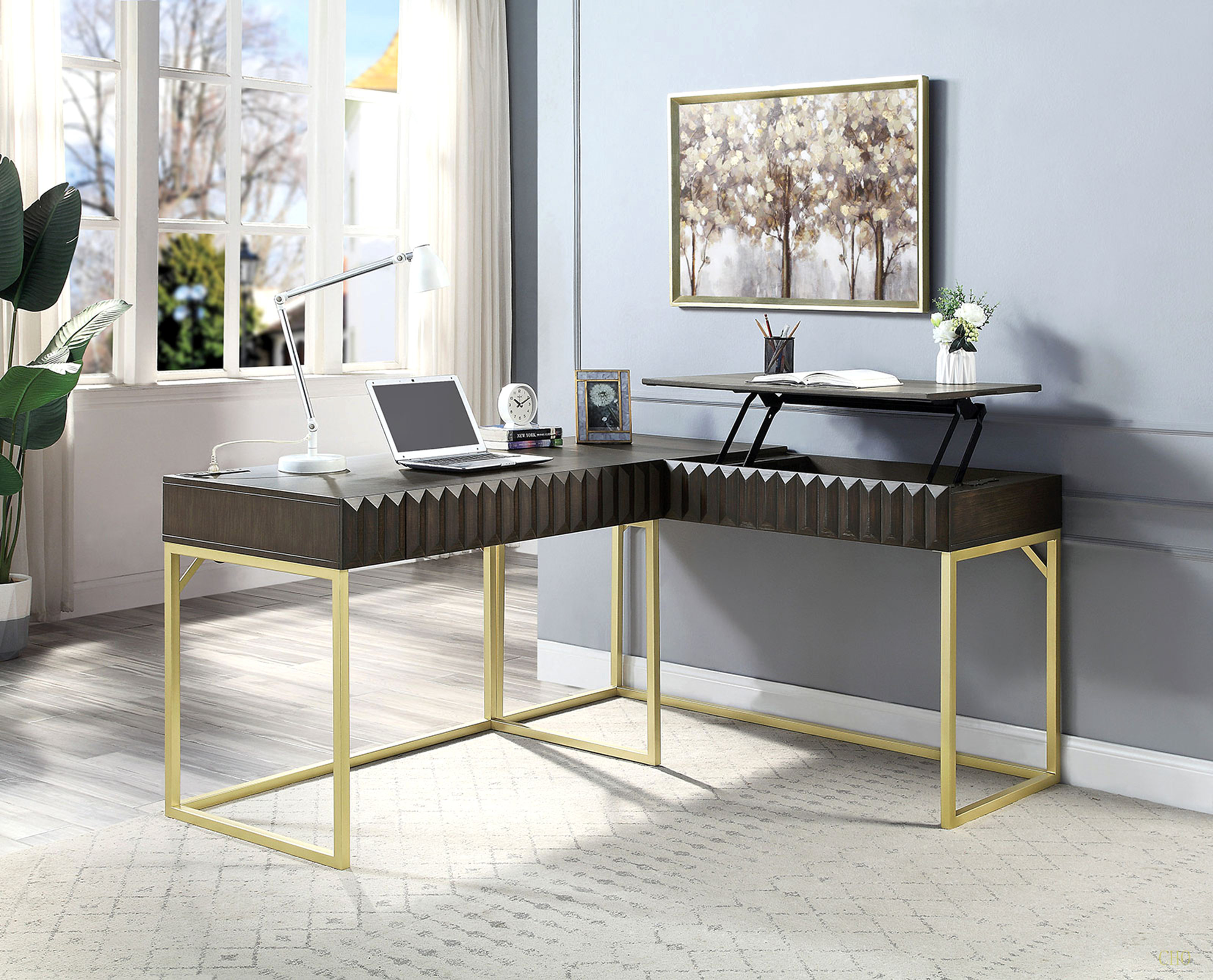 Everly Quinn Transitional Two-Tone Computer Desk Antique, USB Port Lift ...