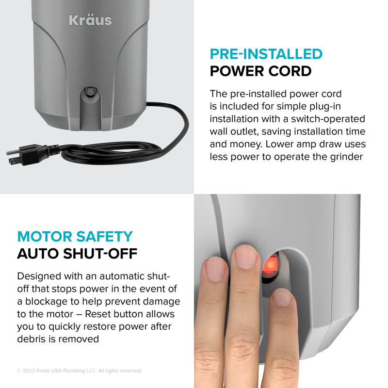 KRAUS WasteGuard Continuous Feed Motor Garbage Disposal with Power Cord ...