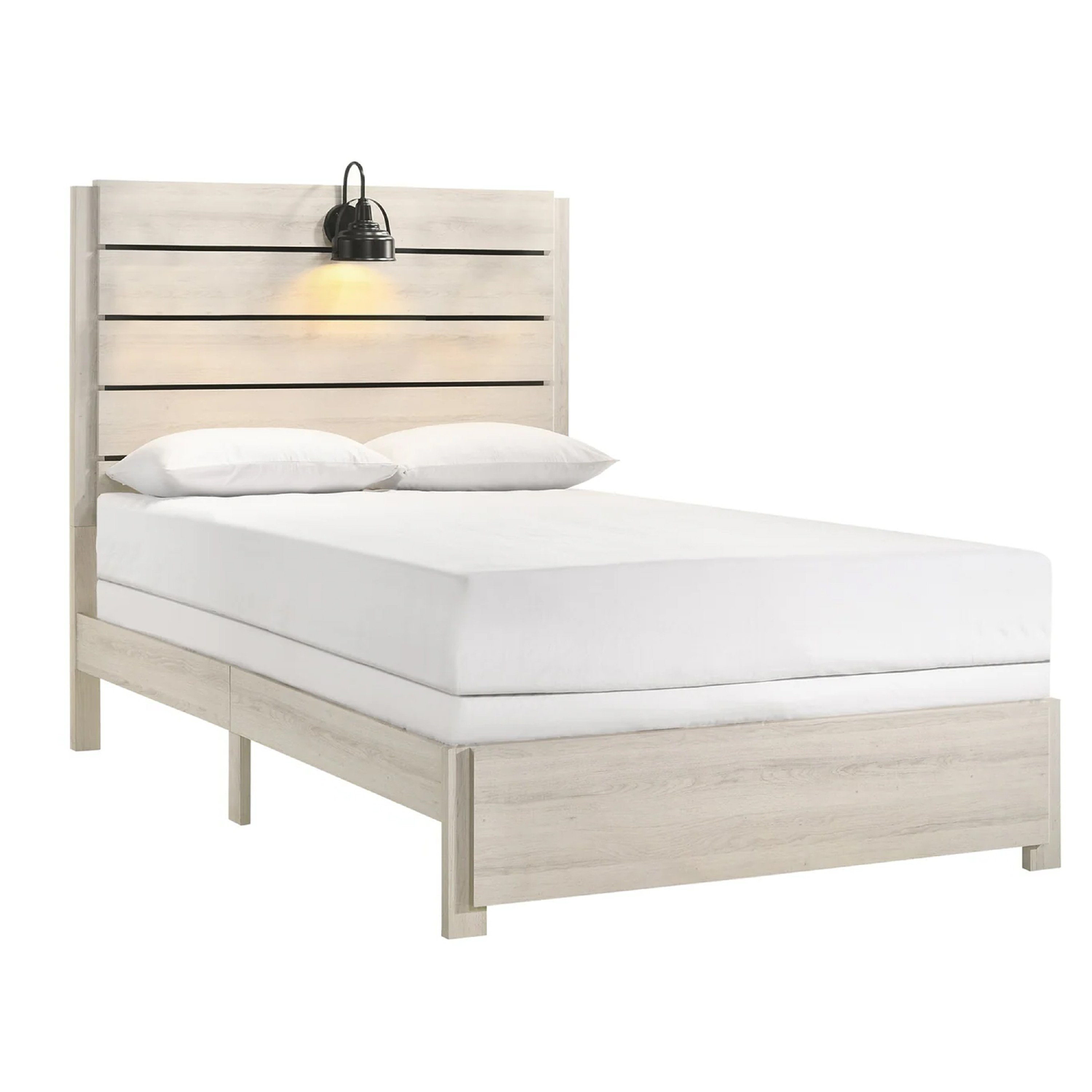 Benjara Lei Bed With Tall Slatted Headboard, Distressed White Wood ...