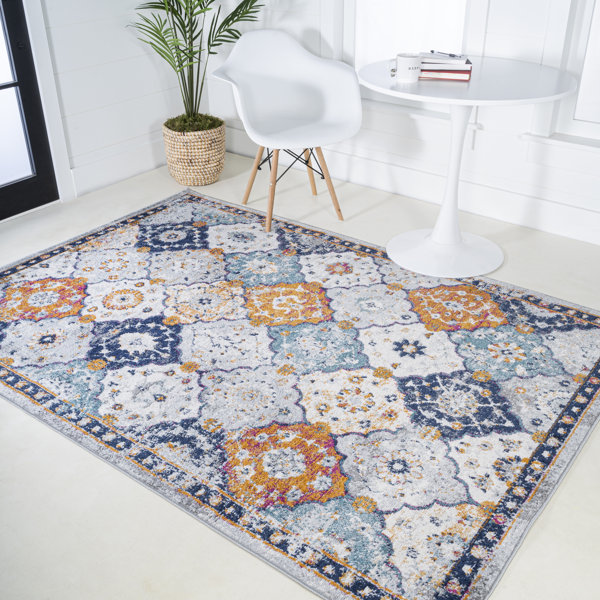 Bungalow Rose Kirman Bohemian Medallion Light Gray/Blue/Orange Rug ...
