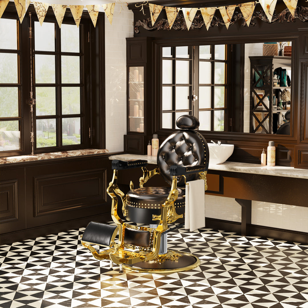 Rosdorf Park Black And Gold Retro Classic Barber Chair, Heavy-Duty ...