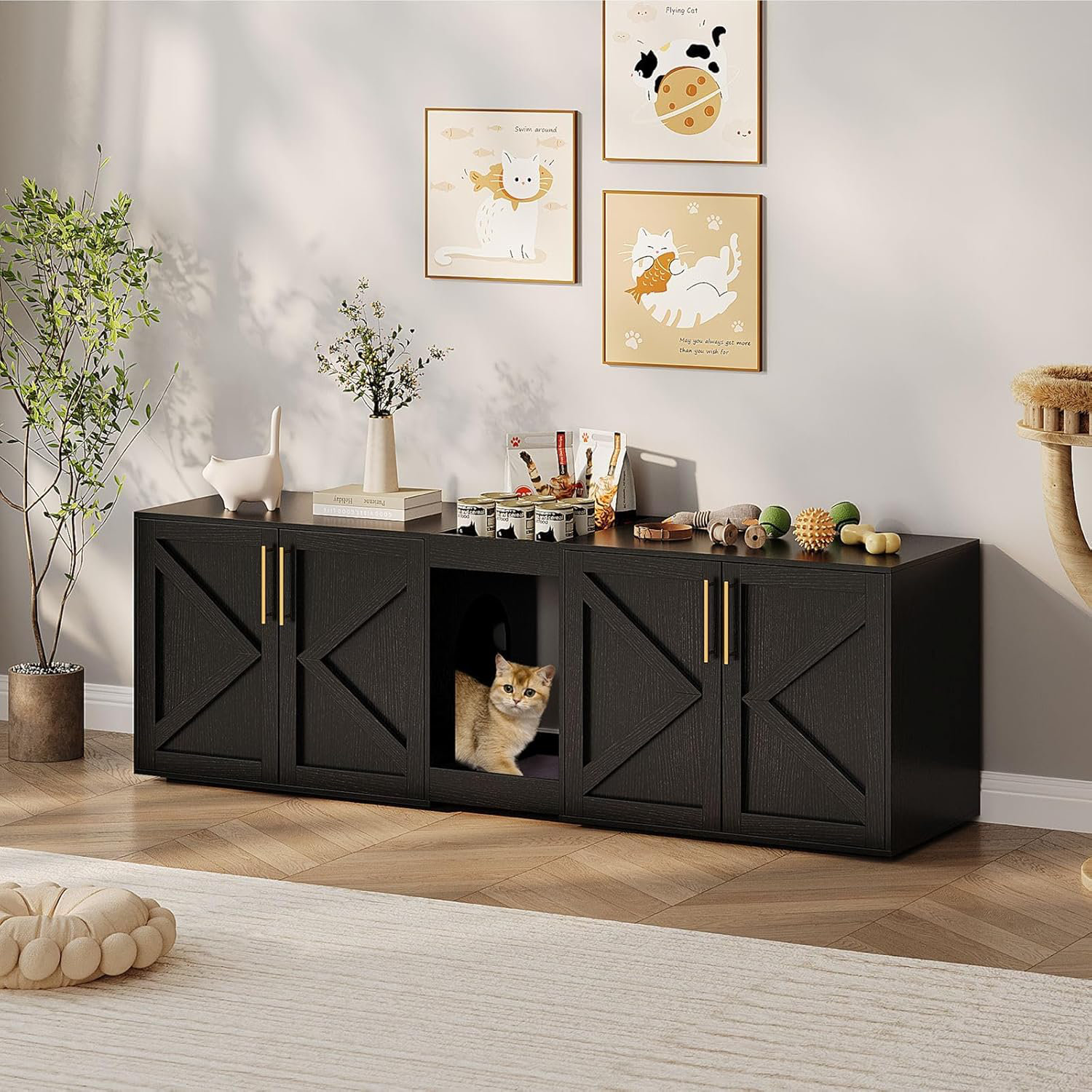 Gracie Oaks Large Cat Litter Box Enclosure 55" for 2 Cats, Hidden Cat ...