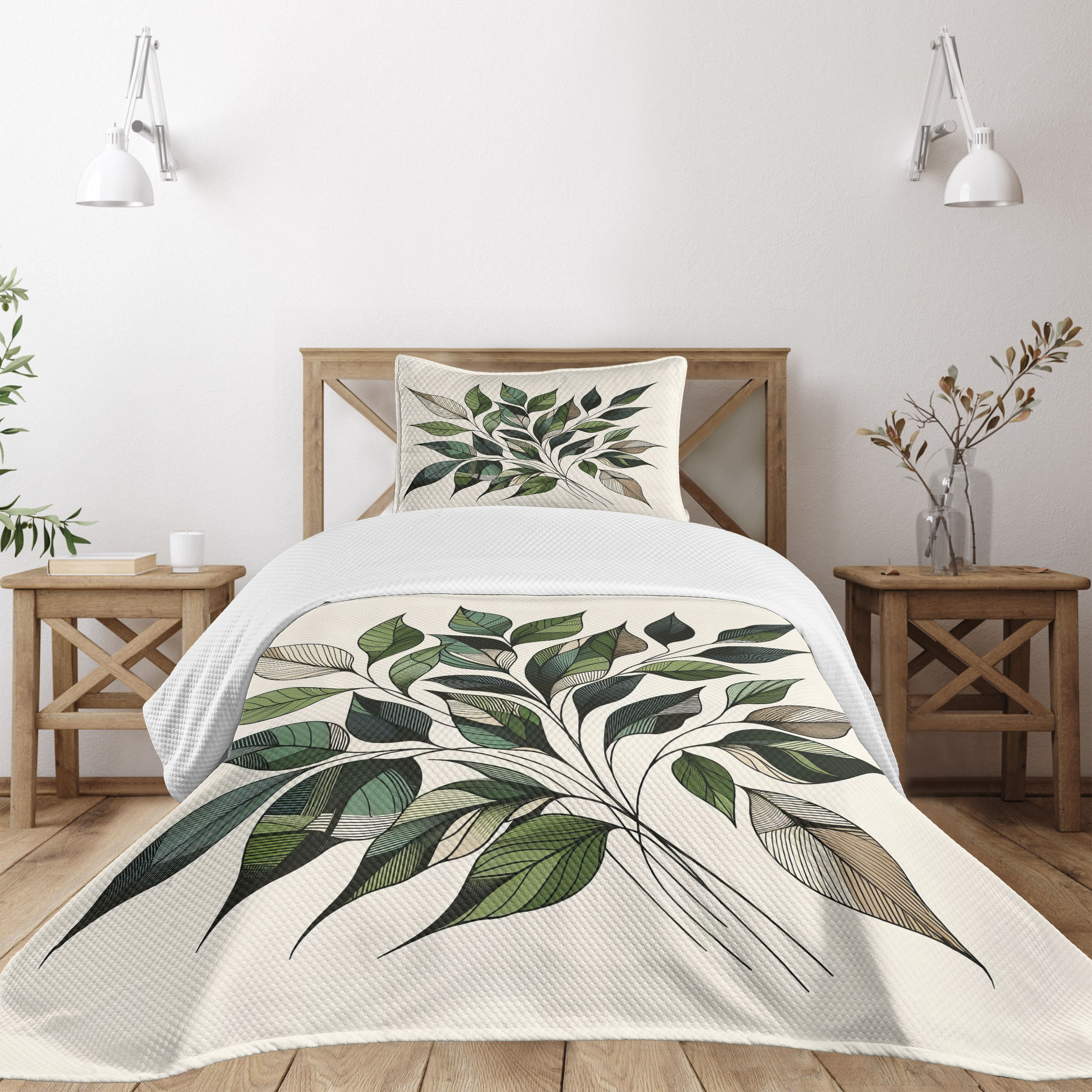 Ambesonne Boho Bedspread Set Modern Bohemian Jungle Leaves Fern Green ...