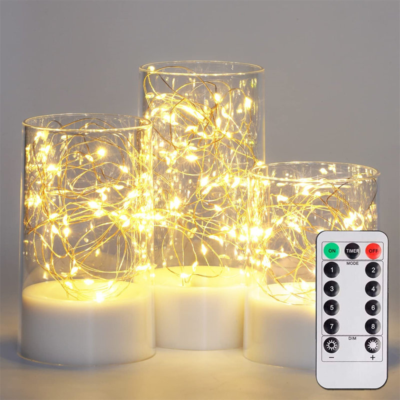 Orren Ellis Clear Glass Flameless Candles With Remote, Embedded Twinkle ...