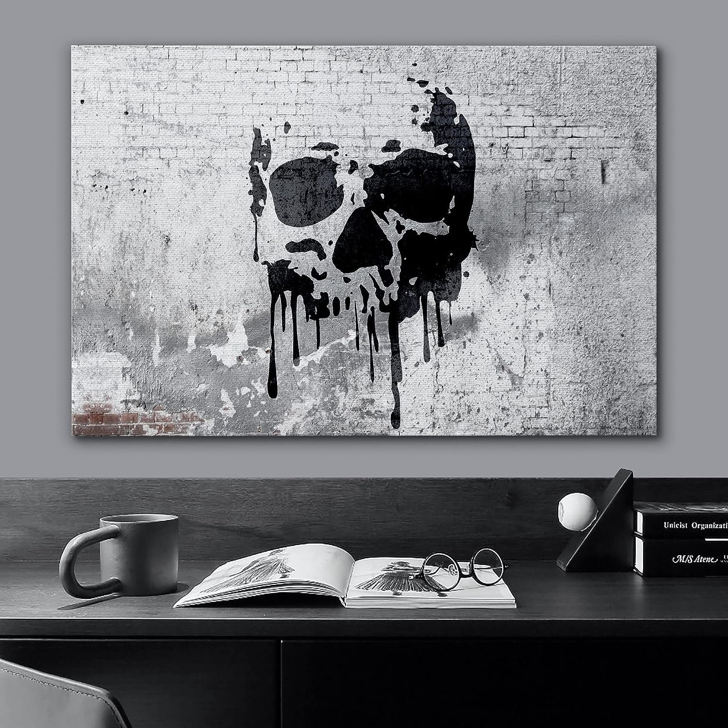 IDEA4WALL Framed Canvas Print Wall Art Melting Skull On Gritty Grey ...