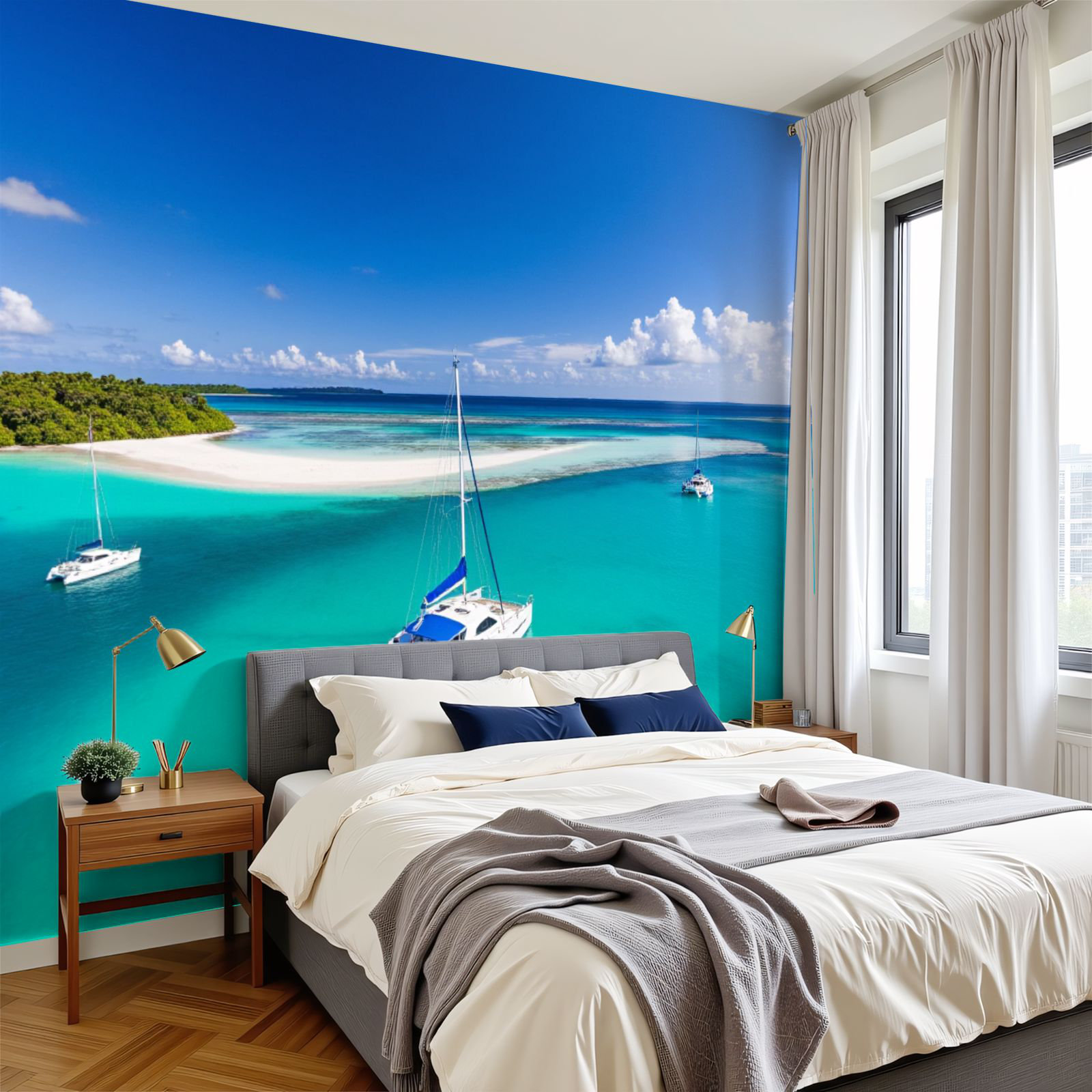 Red Barrel Studio® 3D Wallpaper Catamaran anchor front deserted island Wall Mural Self Adhesive ...