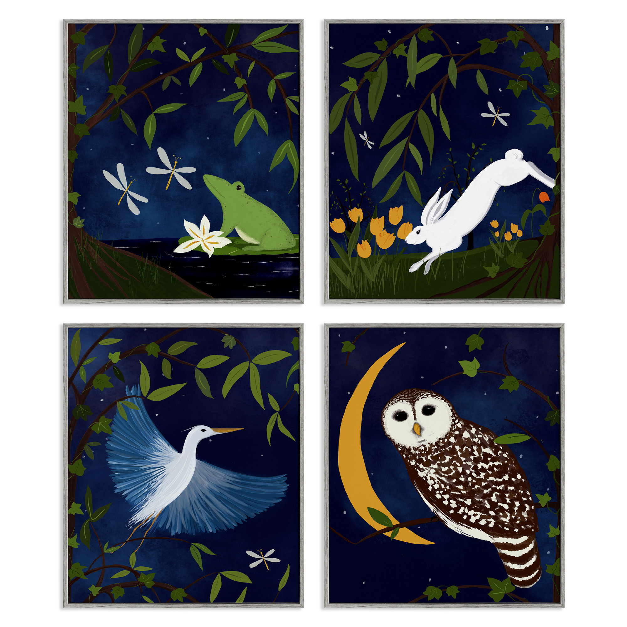 Winston Porter Nighttime Pond Animals 4 PC Giclee Art Set by Michelle ...