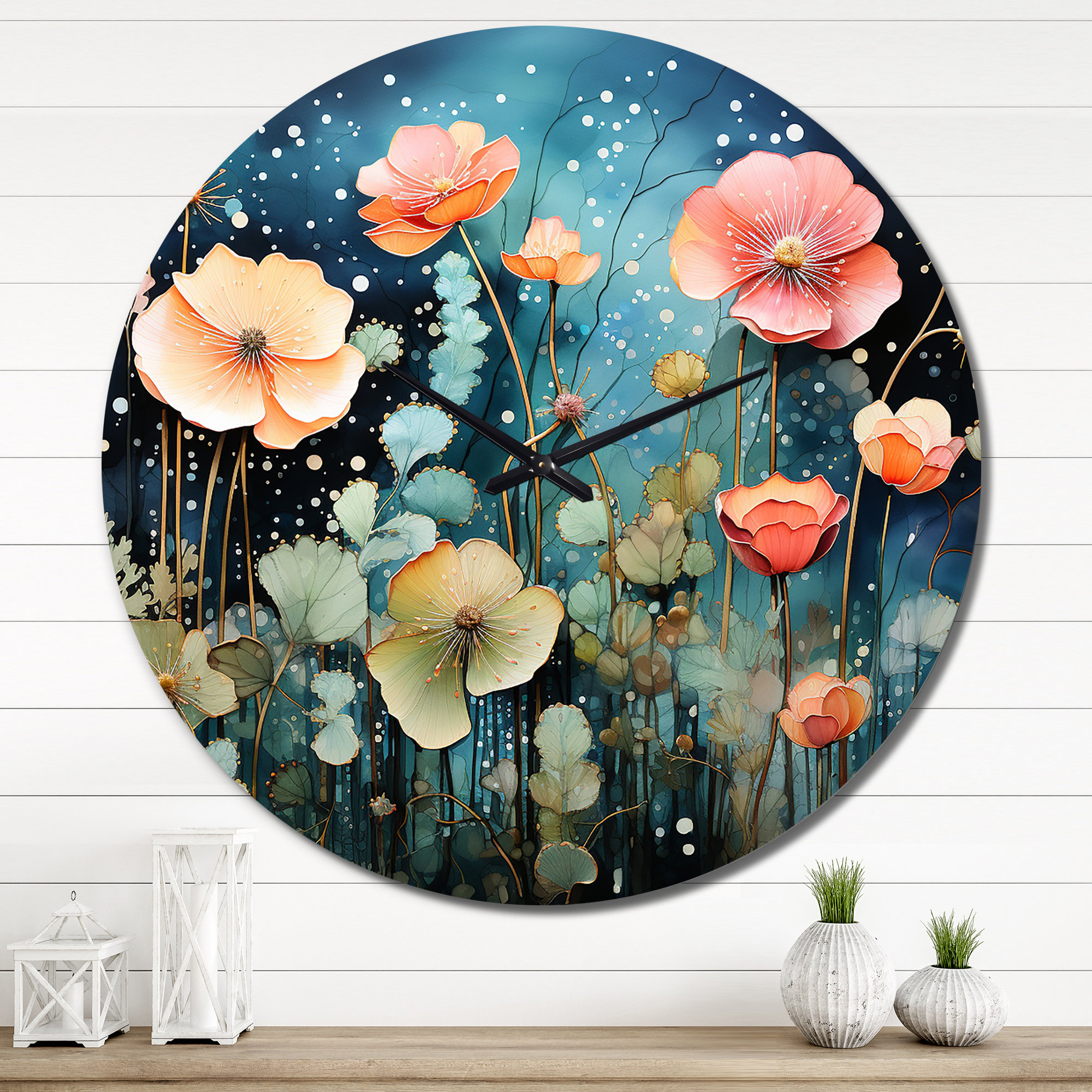 Design Art Blue Enchanted Gardens V - Abstract Botanicals Wall Clock ...