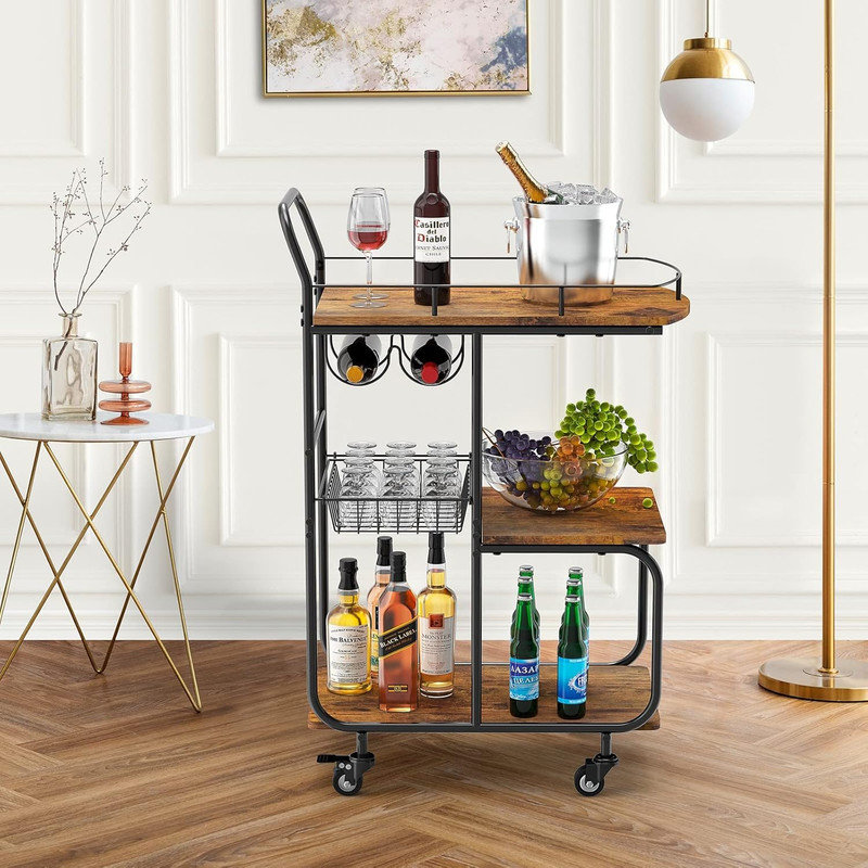 17 Stories Bar Cart for Home, Liquor Beverage 3 Tier Industrial Kitchen ...