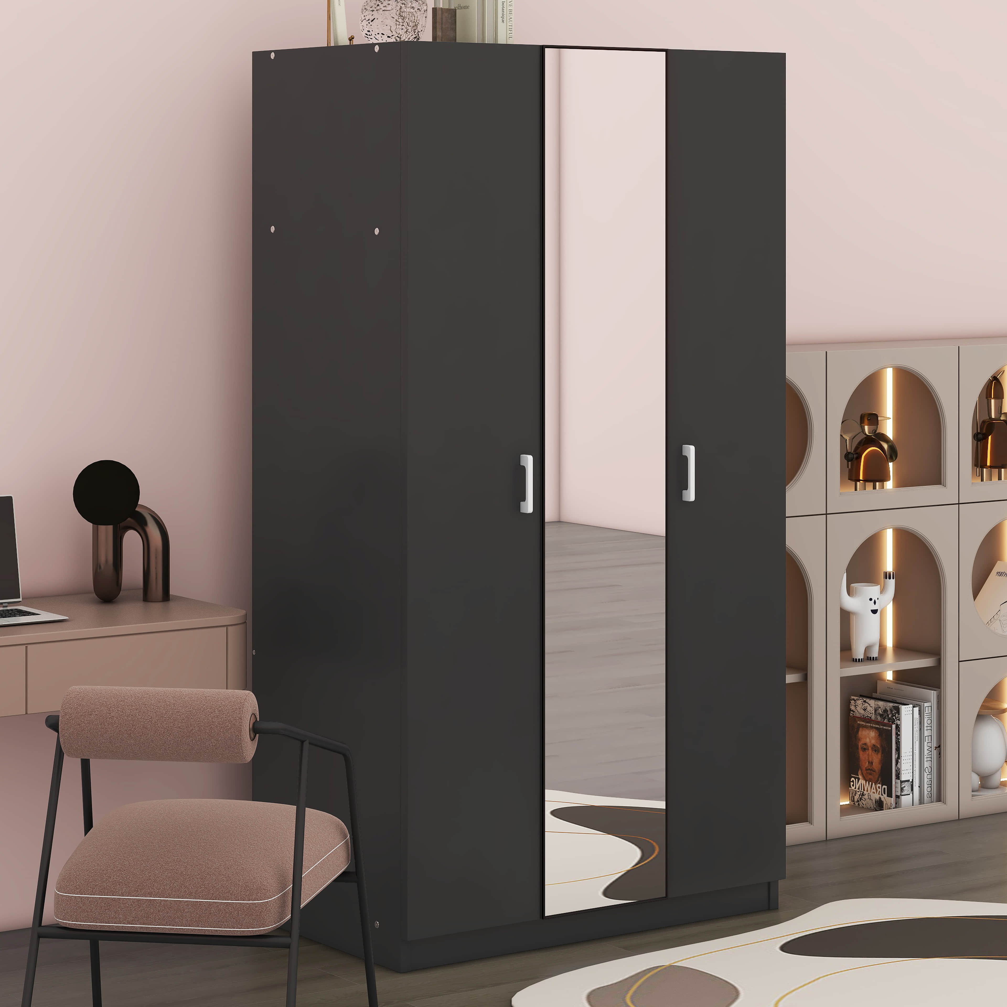 Latitude Run® Freestanding Wardrobe With 3-Doors And Mirror, Wooden ...