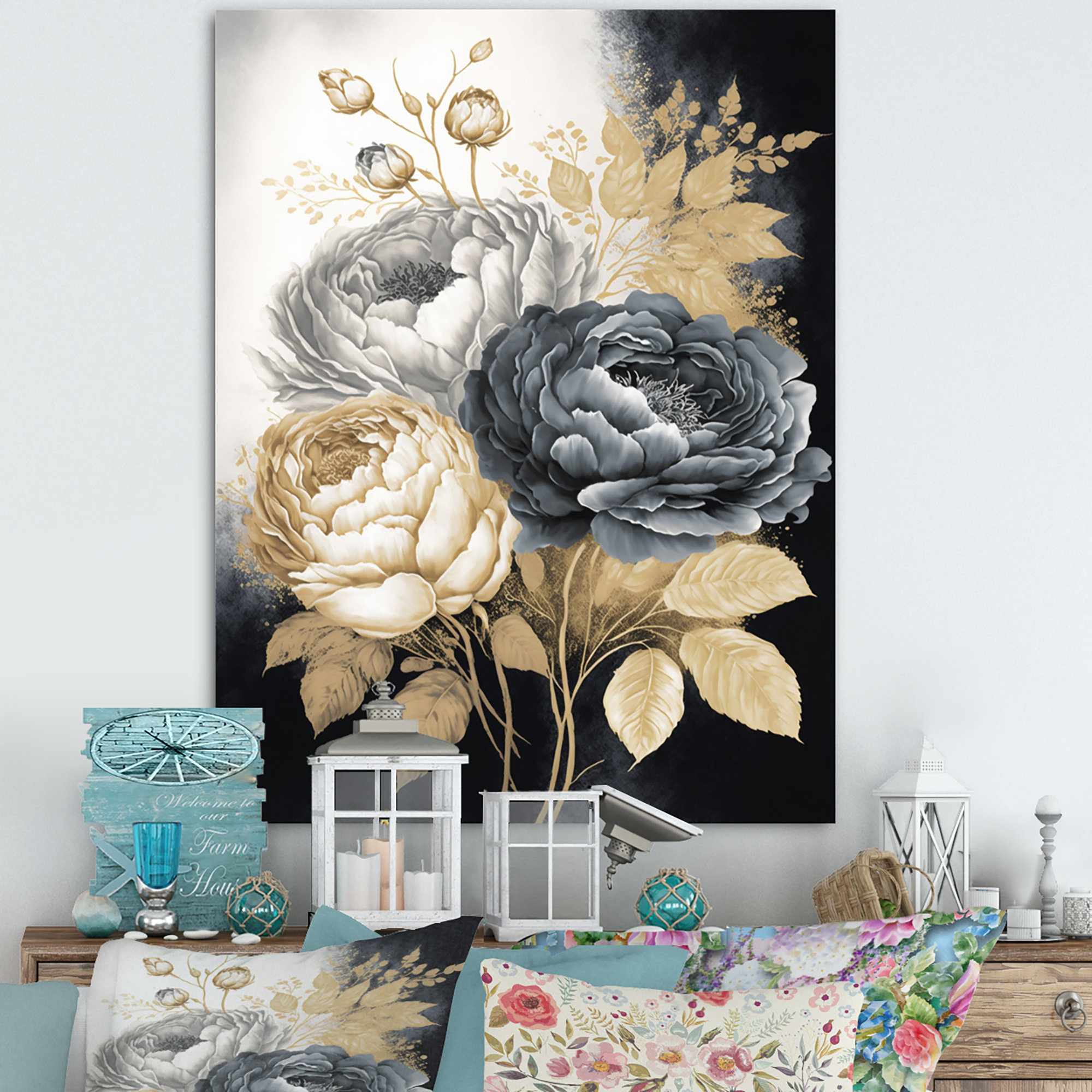 House of Hampton® White, Gold And Black Rose Bouquet II White, Gold And ...