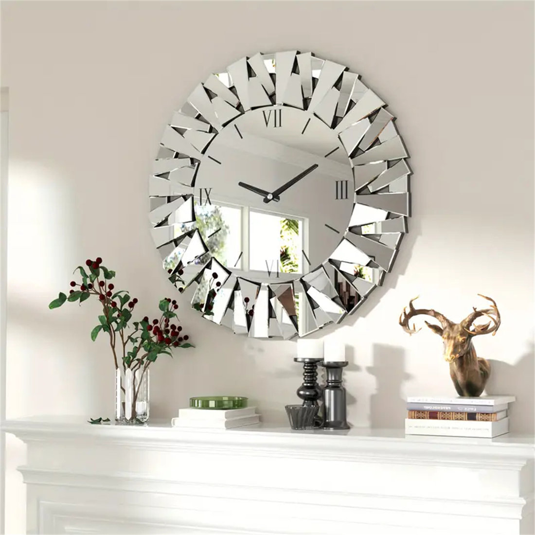 WKING 32 Inch Modern Decorative Mirrored Wall Clock Round Wall-mounted ...