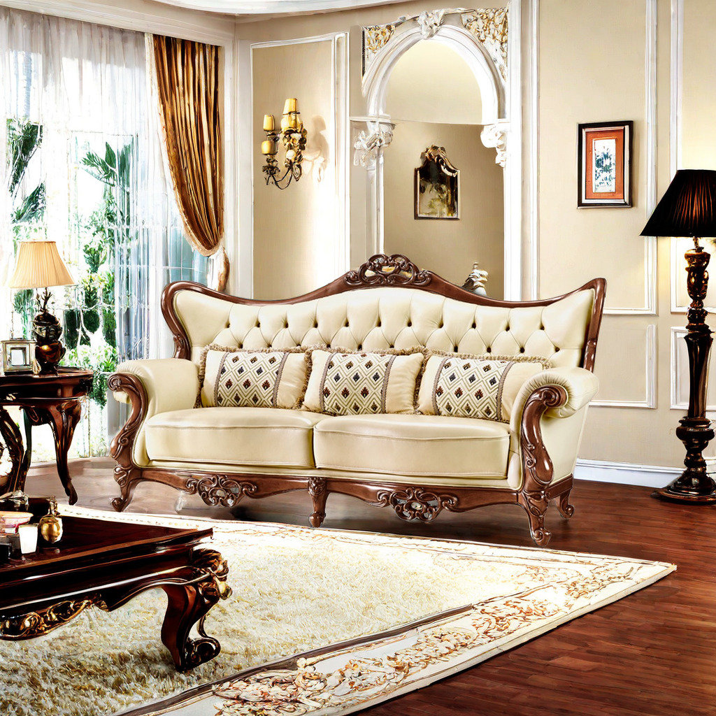 Romero American Solid Wood Carved Leather Sofa 86.6'' Rolled Arm Sofa ...