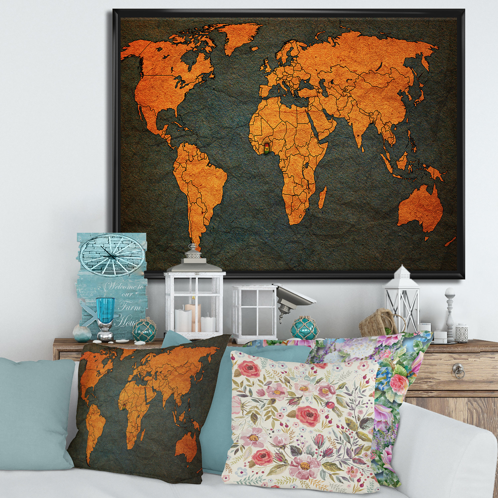 East Urban Home Ancient Map Of The World Africa - Floater Frame Print ...