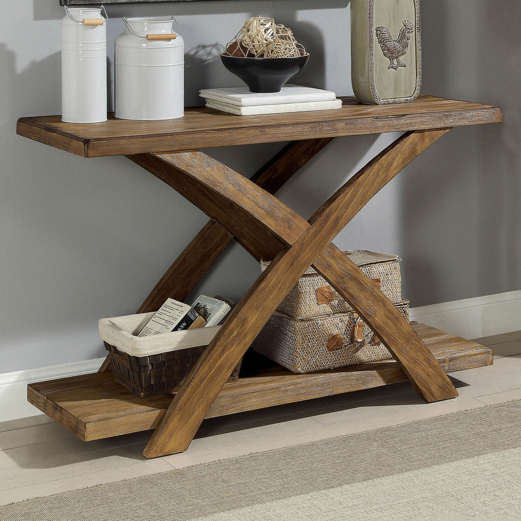 Gracie Oaks Transitional Sofa Table with Plank Style Top and Open Shelf ...