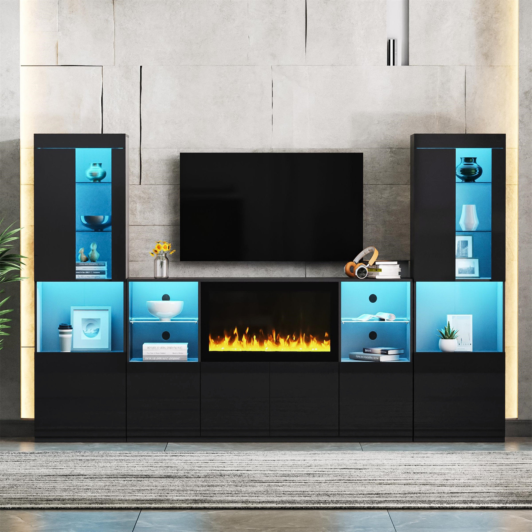 Orren Ellis Modern TV Stand with Electric Fireplace and LED Lights ...