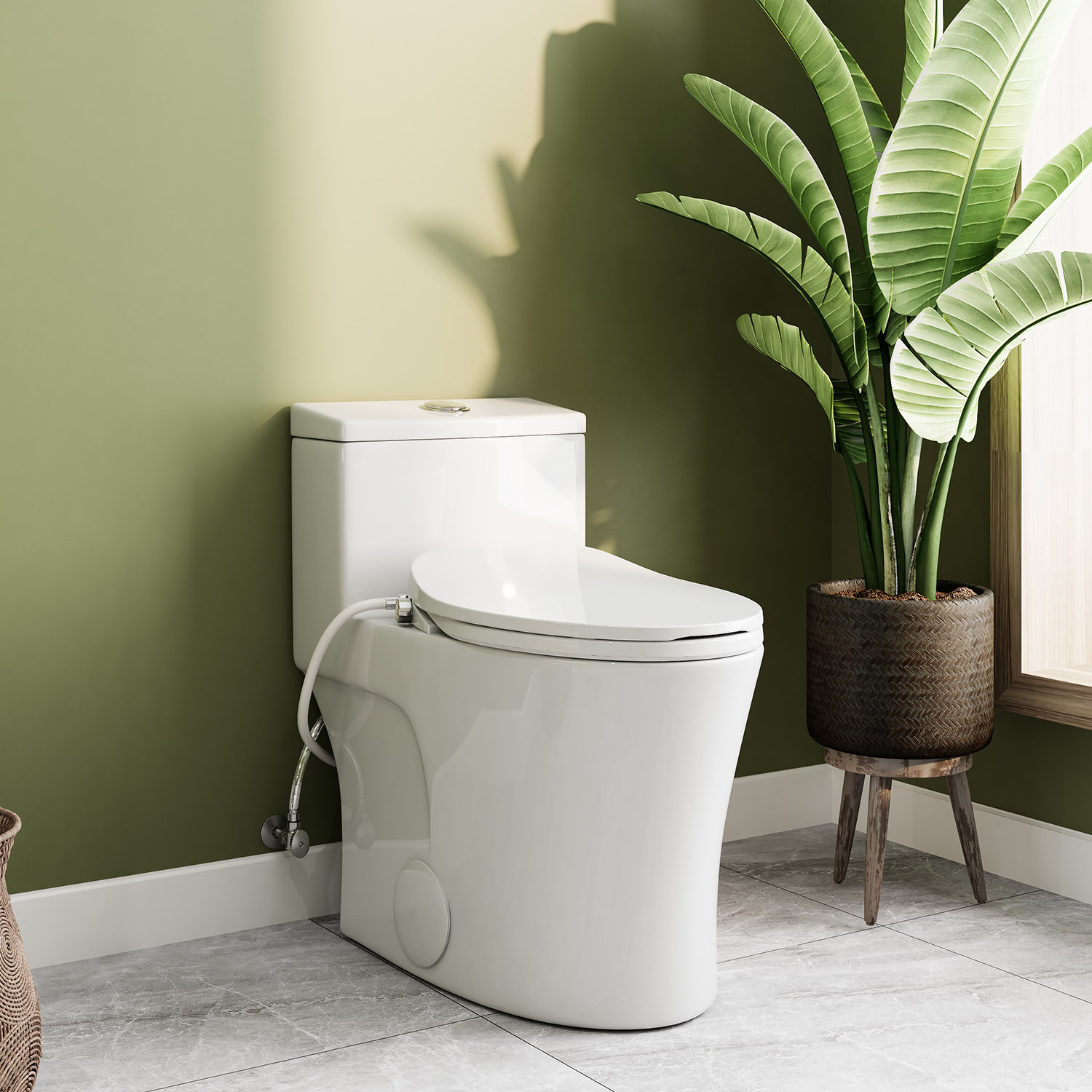 HOROW One Piece Toilet with Non-Electric Bidet Toilet Seat, Elongated ...