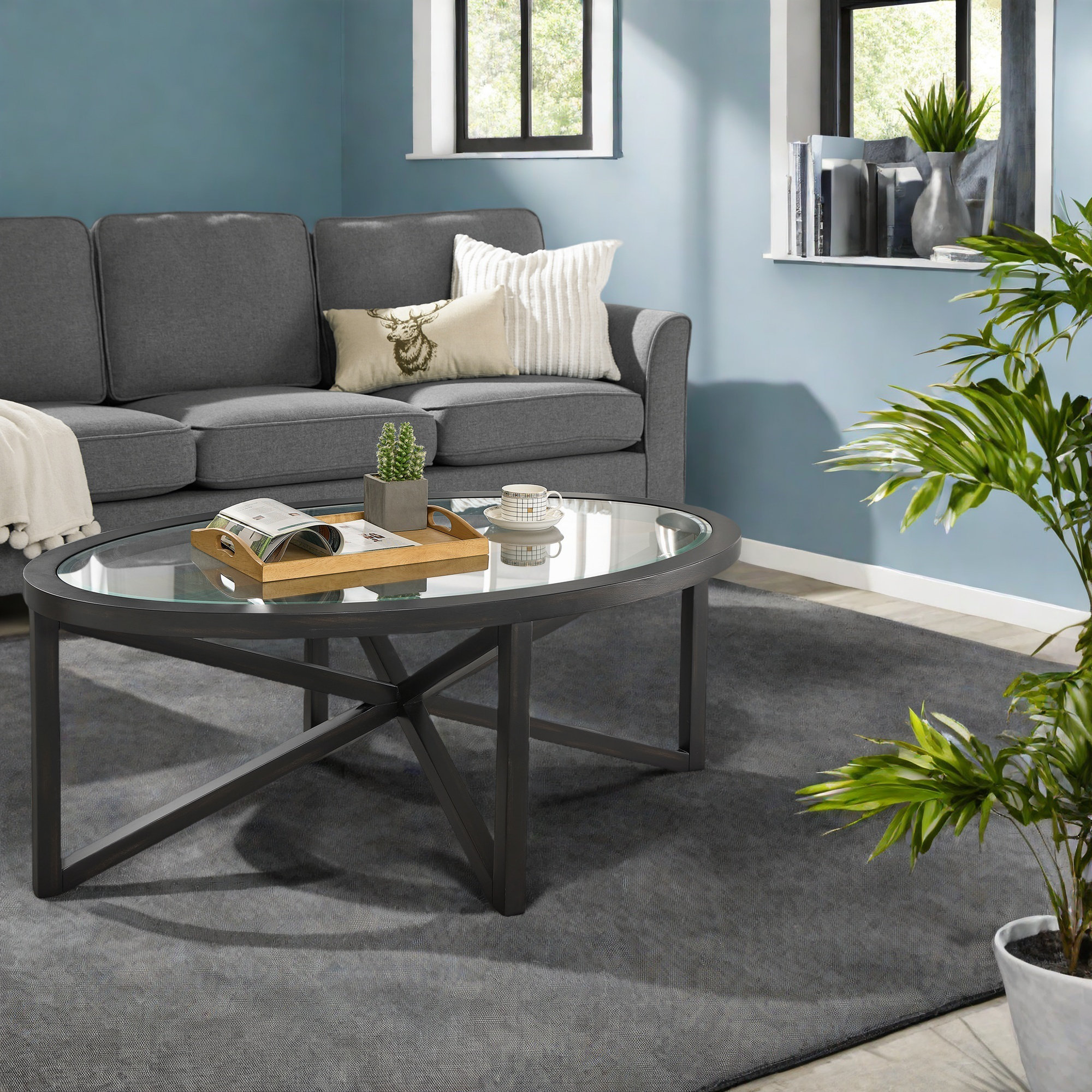 Ebern Designs Modern Simple Glass Coffee Table, Tempered Glass Coffee ...