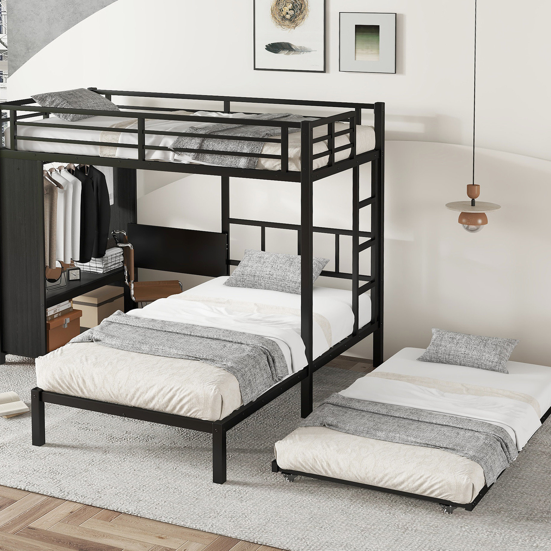 Brayden Studio® Metal Bunk Bed With A Large Built - Wardrobe, Slide Out ...