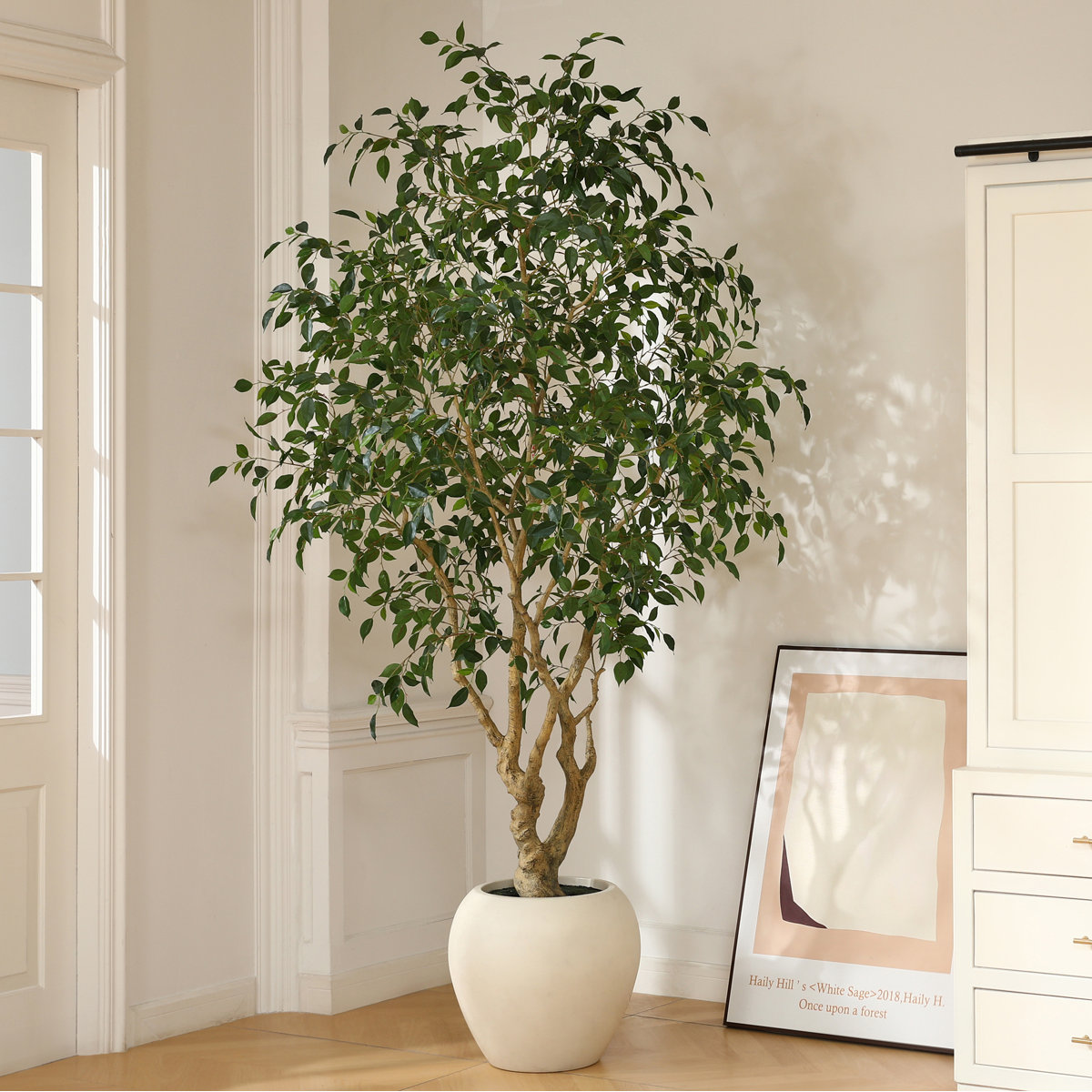 Primrue Adcock 8ft Artificial Ficus Tree with 18in White Planter, Tall ...