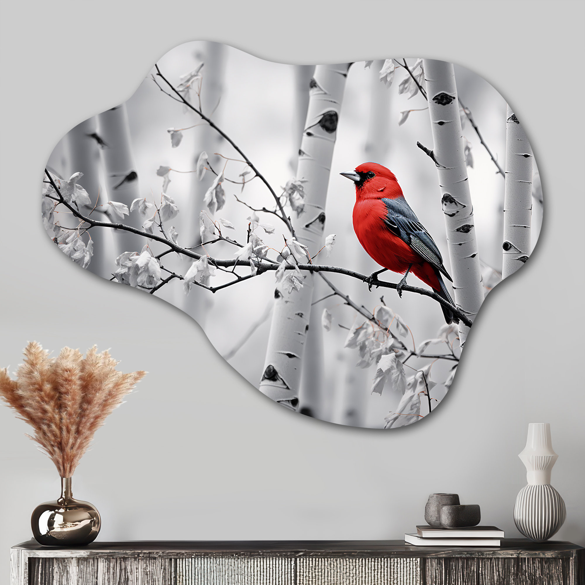 Design Art Monochrome Red Grey Bird In Forest II - Forest Cloud Shape ...