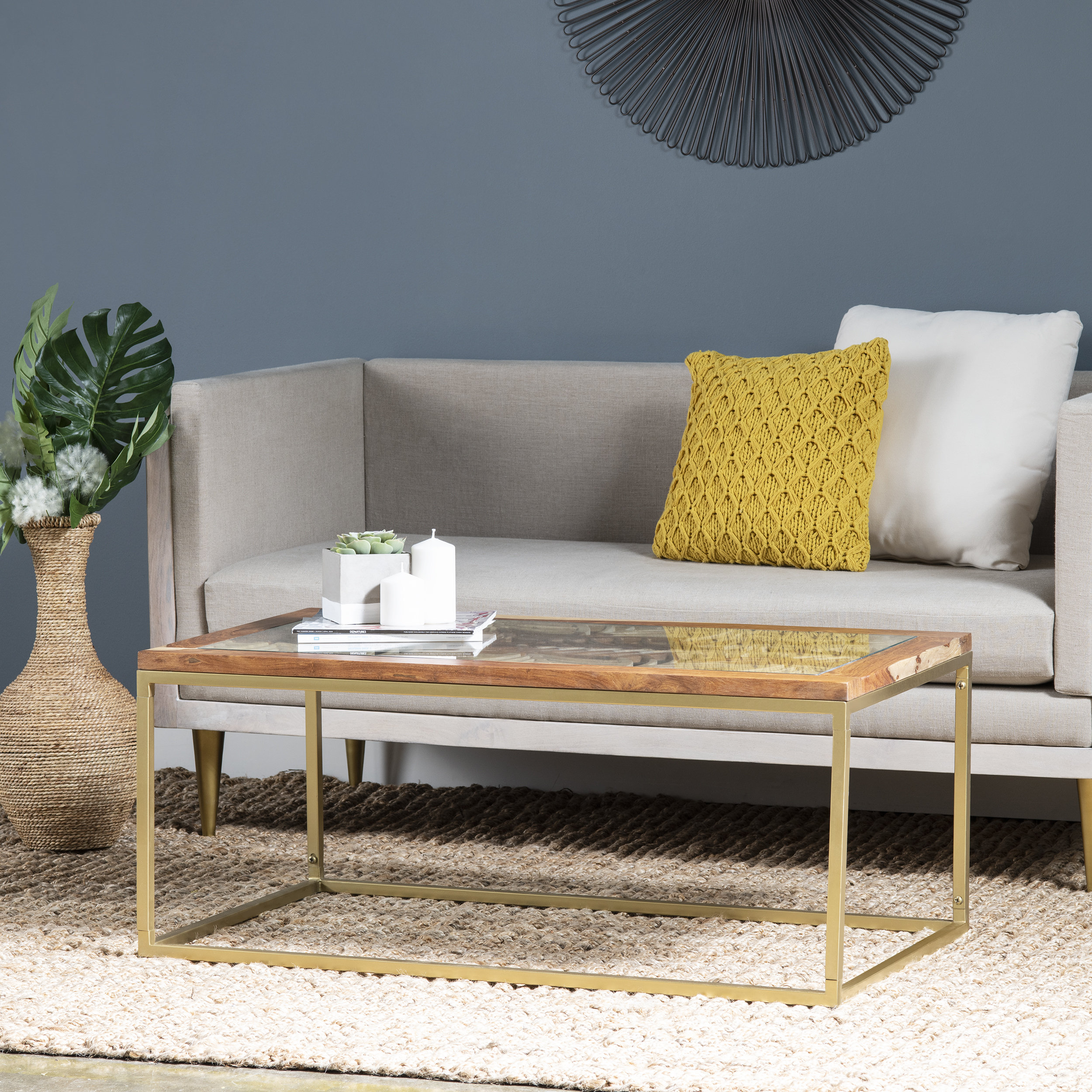 Everly Quinn Adagio Acacia Laser Cut Coffee Table, Gold | Wayfair