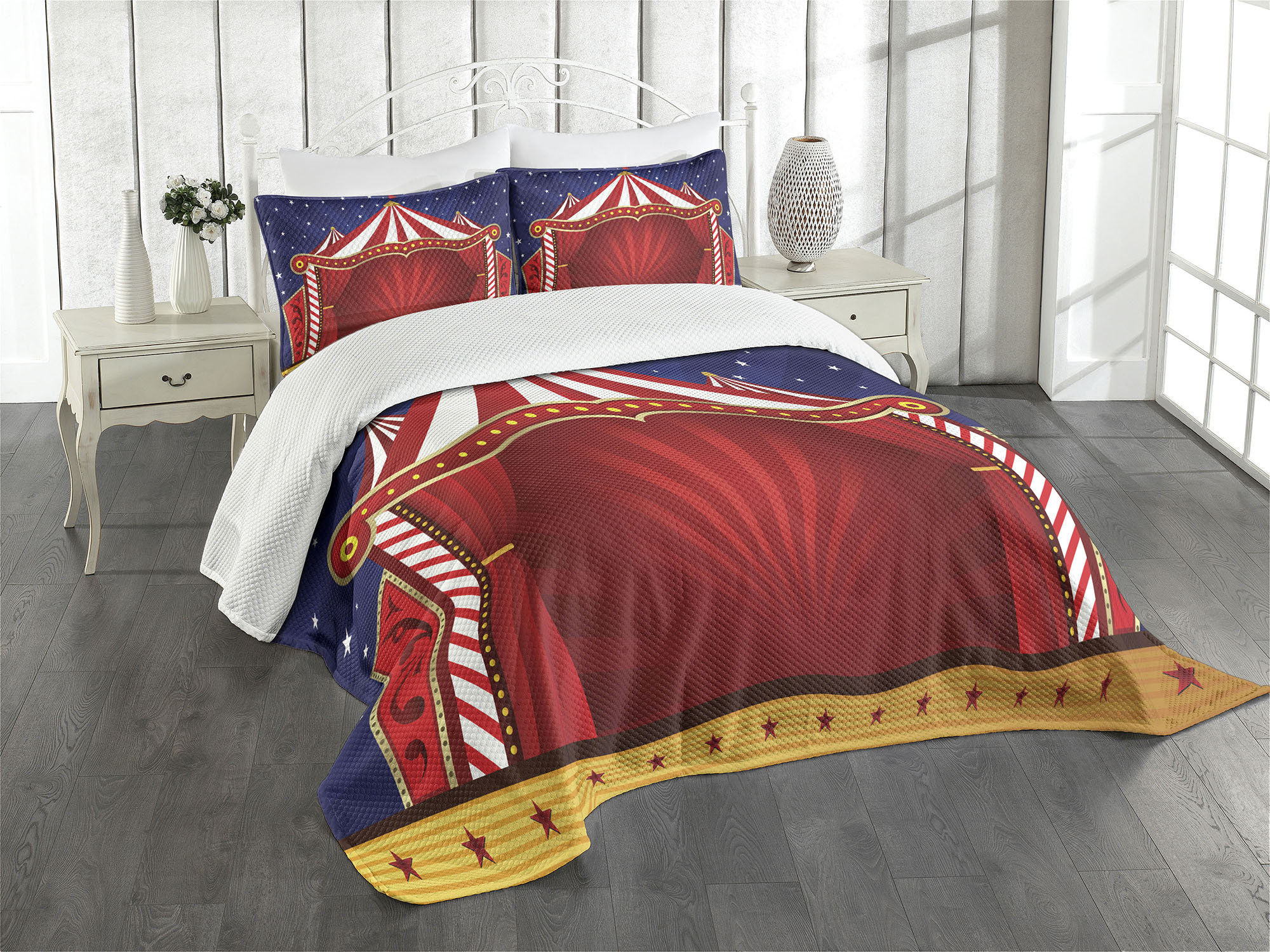 Ambesonne Circus Bedspread Set Canvas Circus Tent Art Blue Vermilion ...