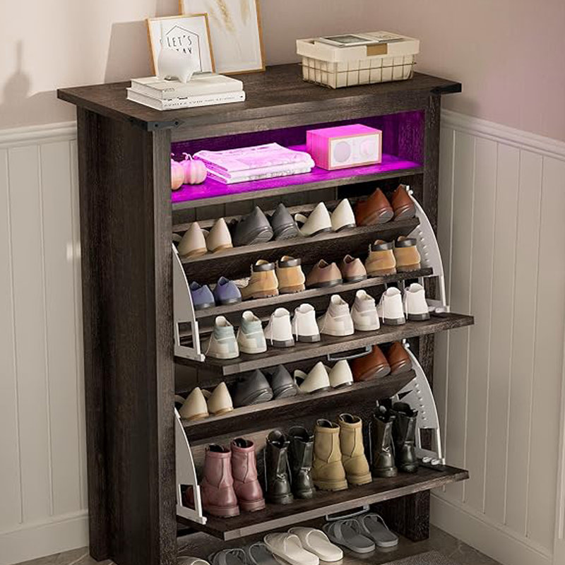 Orren Ellis Shoe Cabinet with 2 Flip-Doors and Open Storage, LED Light ...