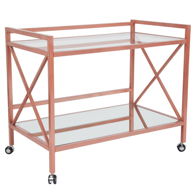 Mercer41 Lanier Rose Gold Metal Kitchen Bar Cart with Glass Shelves and ...