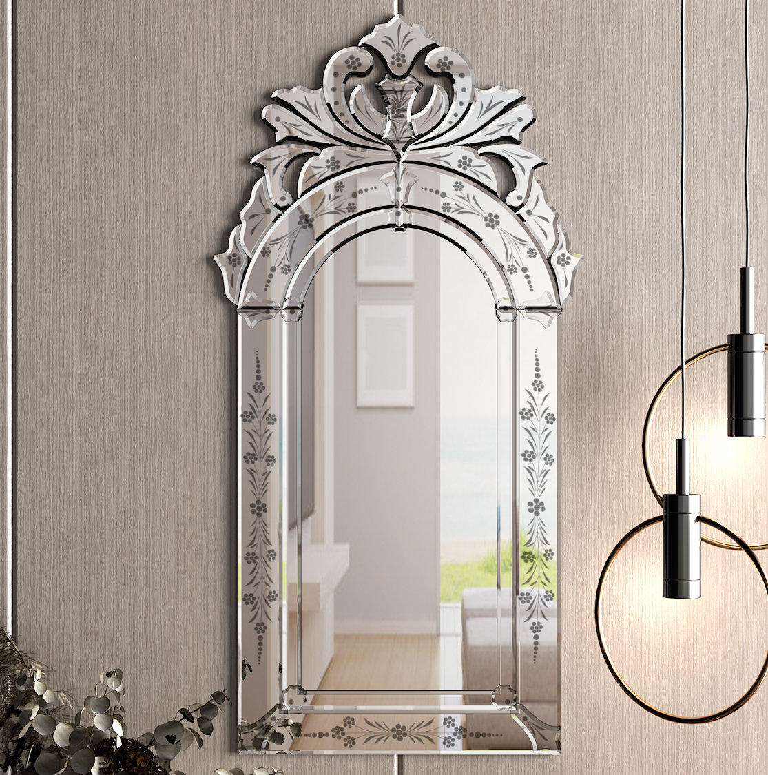 House of Hampton® Gisella Beveled Frameless Wall Mirror with Floral ...