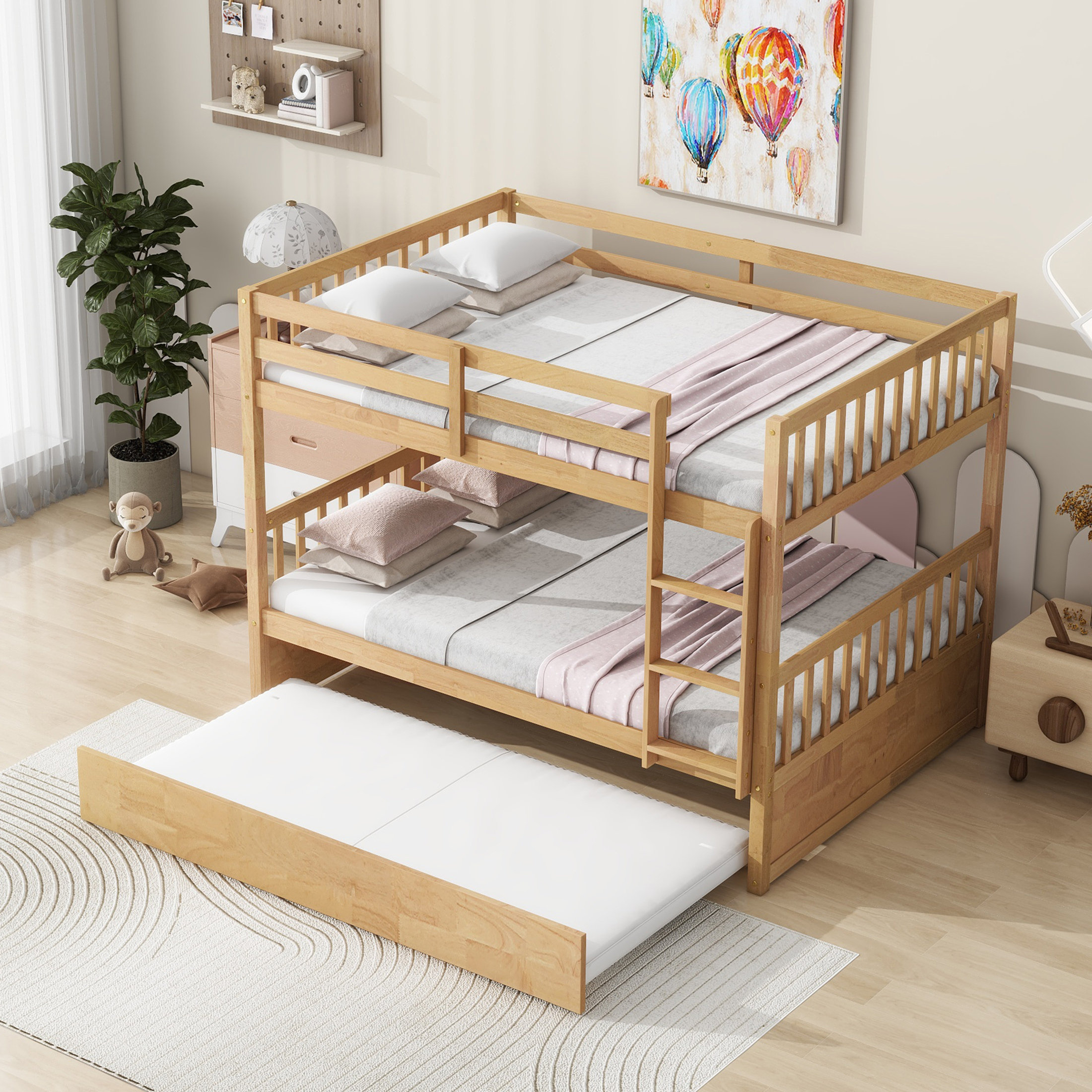 Harriet Bee Full Over Full Rubber Wood Bunk Bed With Trundle, Ladder ...