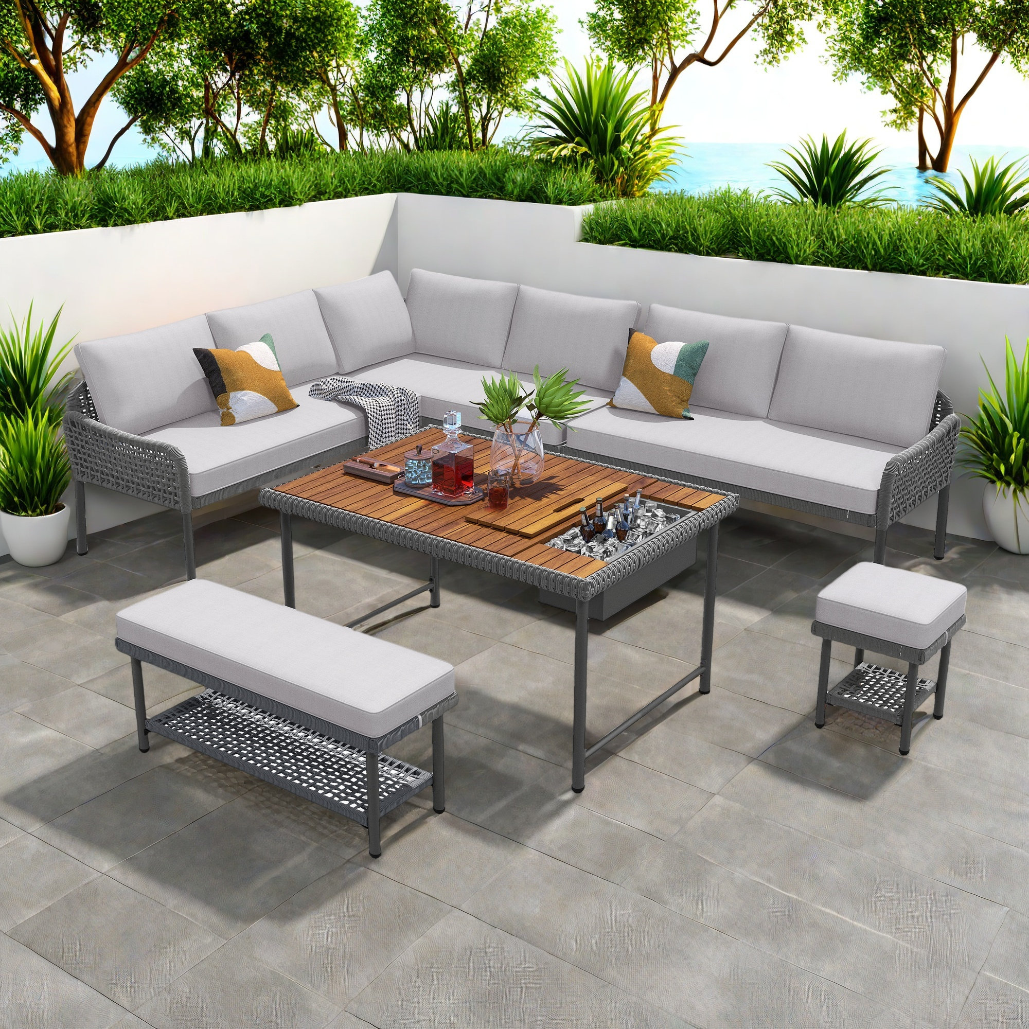 Latitude Run® 6-piece Rope Outdoor Conversation Set With L-shaped Set ...