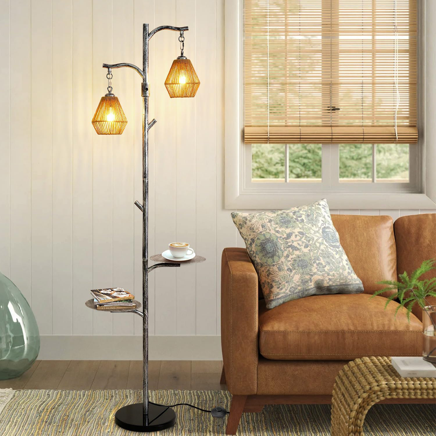 Bayou Breeze Rattan & Fabric Boho Floor Lamp, Dimmable Industrial ...