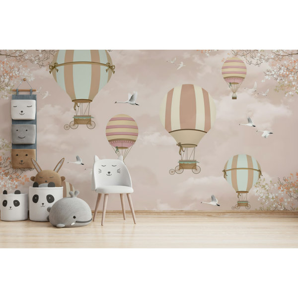 GK Wall Design Kids Soft Pink Flying Storks Hot Air Balloon Removable ...