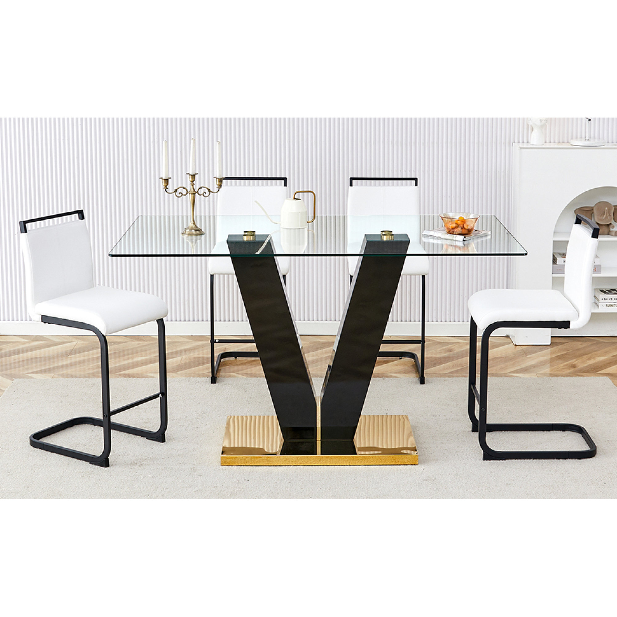 Mercer41 Transparent glass dining ensemble: black-legged table, pu ...
