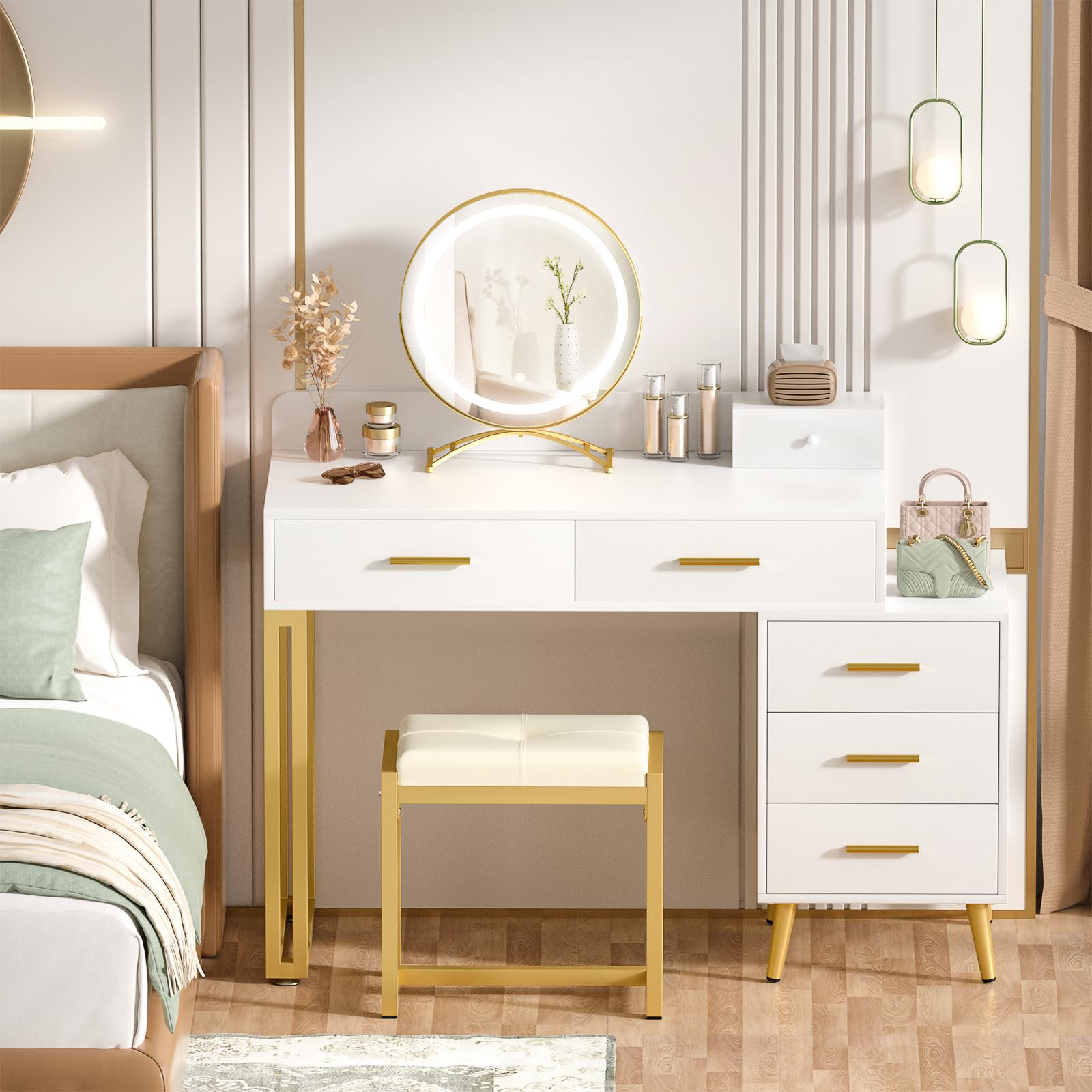 Mercer41 Grosmark Makeup Vanity Desk with Stool and LED Mirror ...