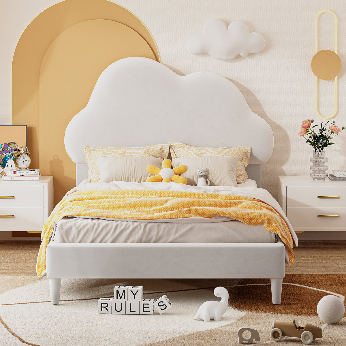Grovelane Twin Size Upholstered Cloud-Shape Bed ,Velvet Platform Bed ...