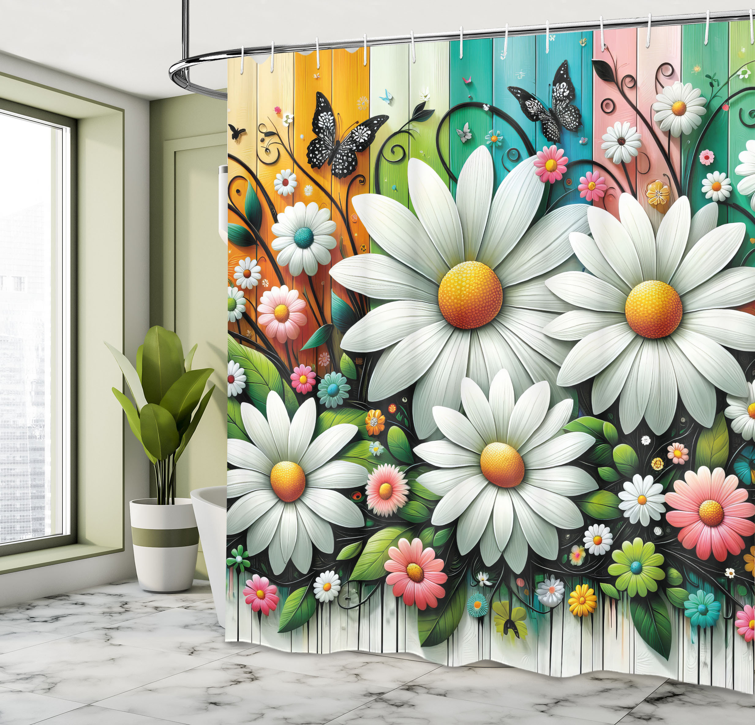 East Urban Home Spring Shower Curtain Modern Botany Daisy Leaves | Wayfair