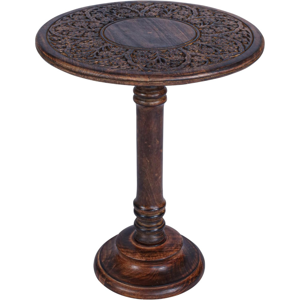 Astoria Grand Round Hand Carved Wooden Side Table | Wayfair