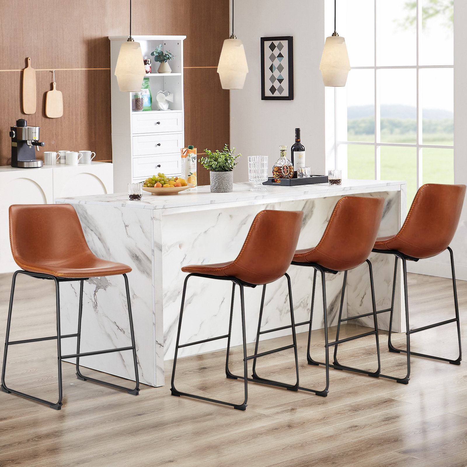 17 Stories Counter Height Barstools With Leather Back, Matel Bar High ...