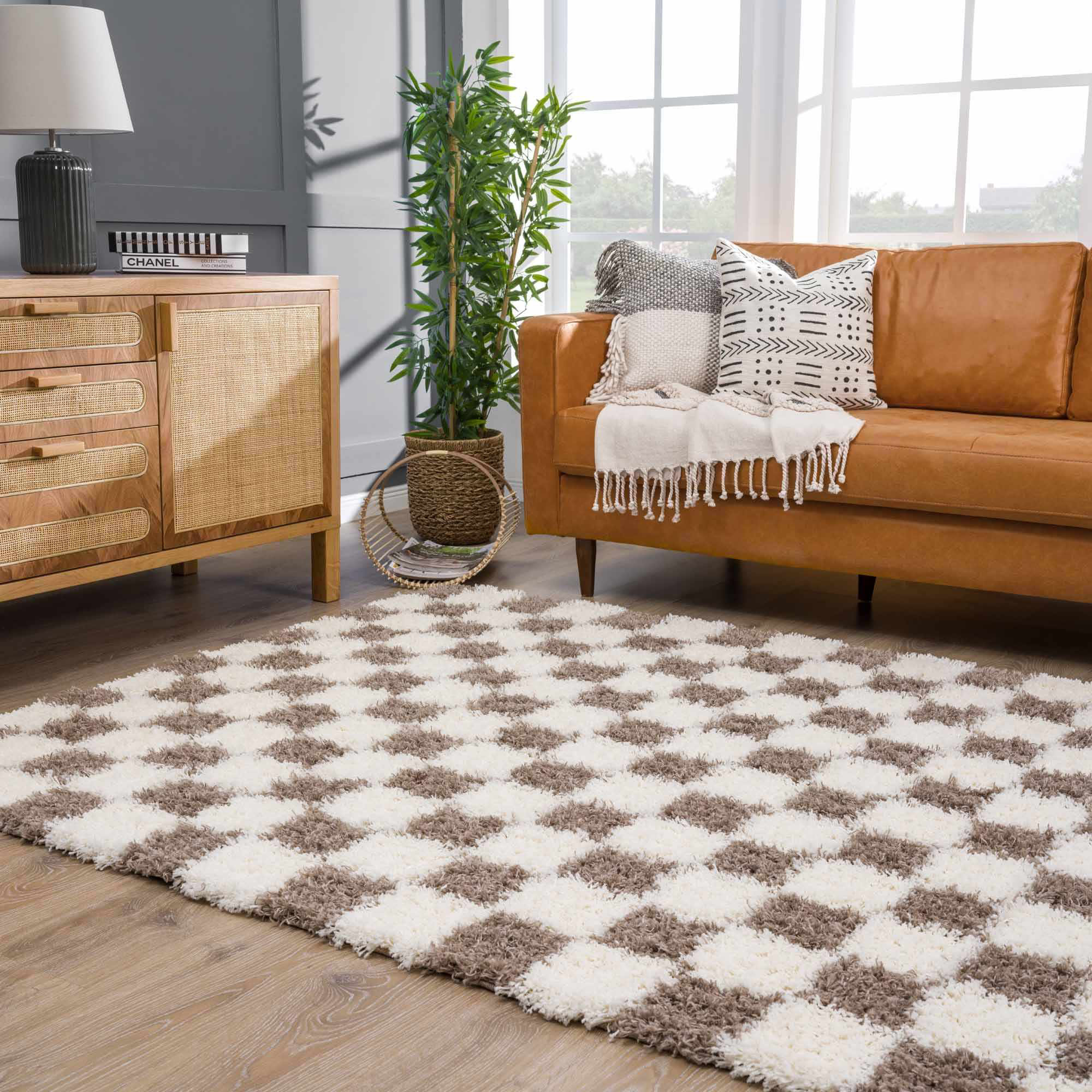 Latitude Run® Atiran Checkered Shag Brown Area Rug & Reviews | Wayfair