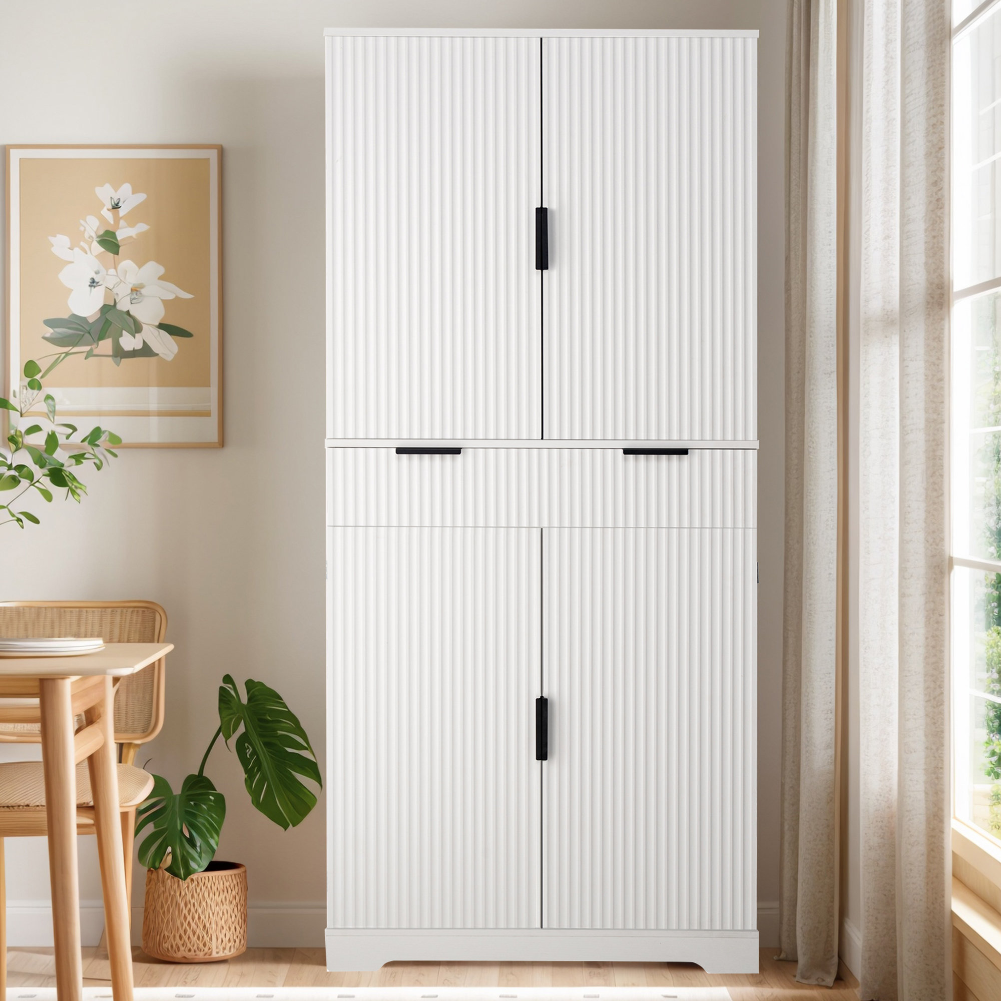 Latitude Run® Kitchen Pantry Cabinet with 3 Keyboard Drawers and 6 Door ...
