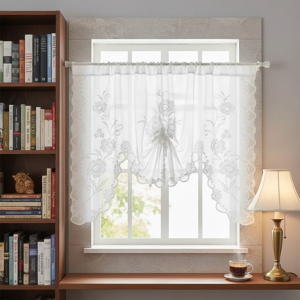August Grove® 1 Panel White Lace Short Curtain Lifting Tie-Up Roman ...
