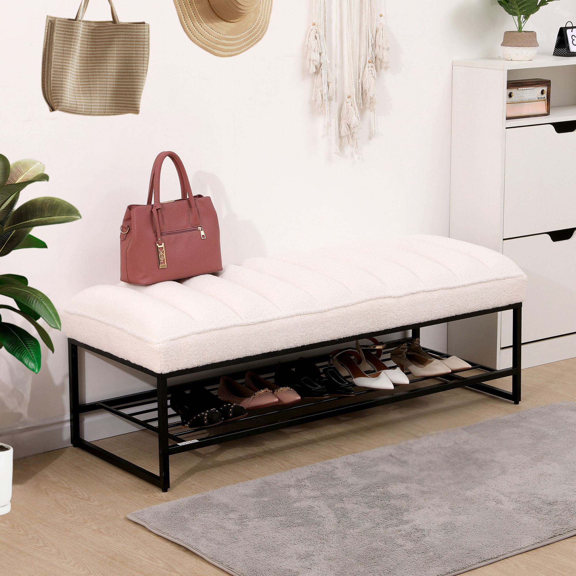 Ebern Designs Channel Tufted Bench With Metal Shelf White Sherpa ...