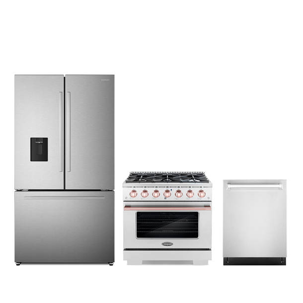 Cosmo 3 Piece Kitchen Appliance Package with French Door Refrigerator ...