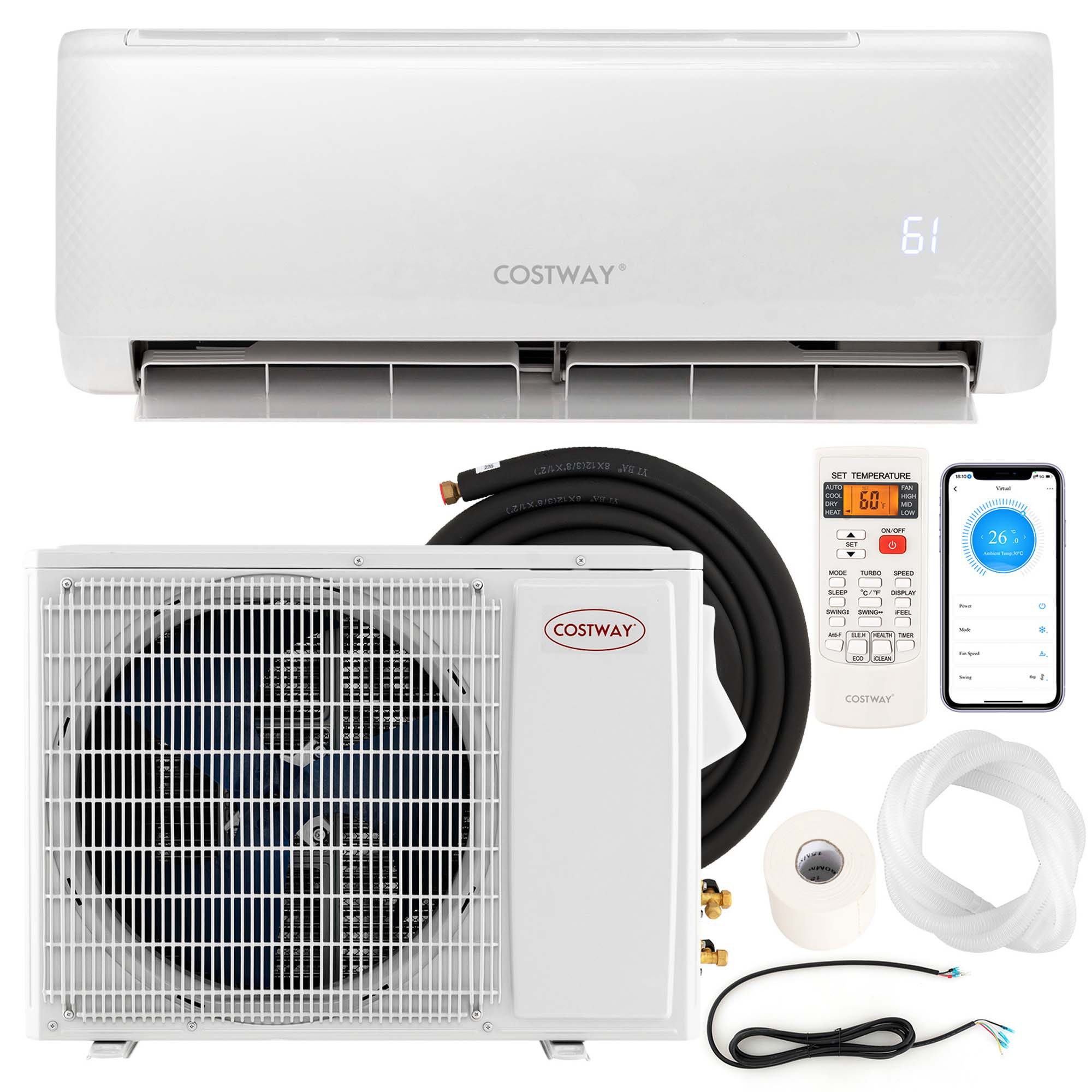 Costway 22000 BTU Wi-Fi Connected Ductless Mini Split Air Conditioner ...