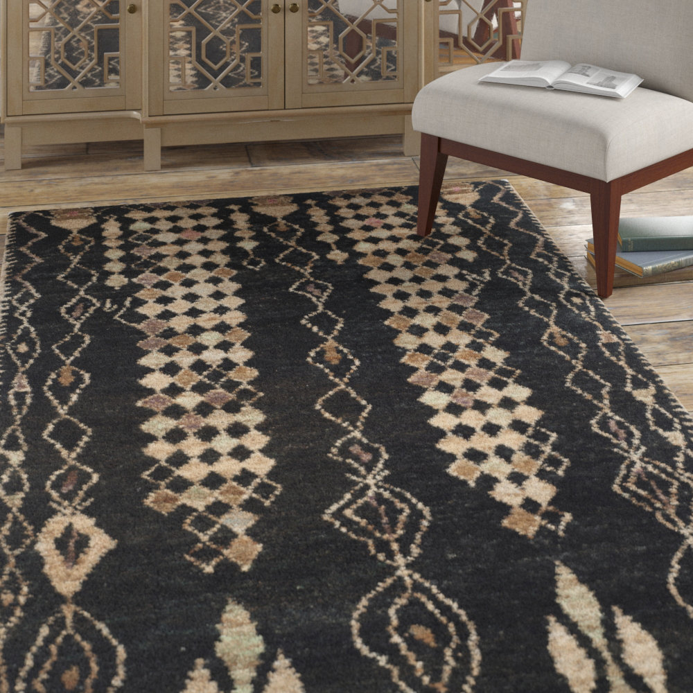 Langley Street® Ferrera Hand-Knotted Black/Beige Area Rug | Wayfair